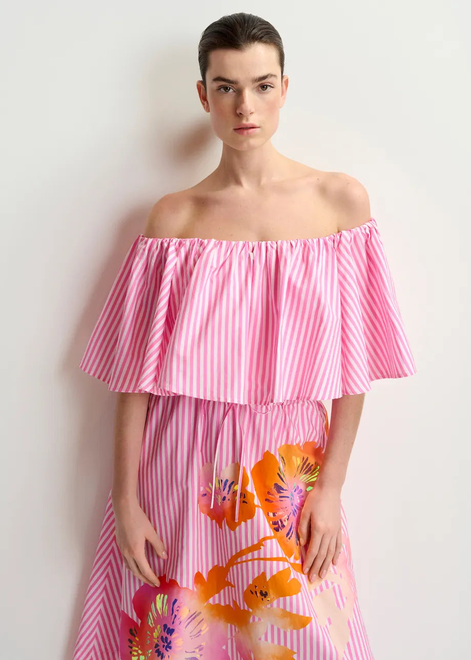 Essentiel Antwerp Hiebe striped off the shoulder blouse - Pink / white ...